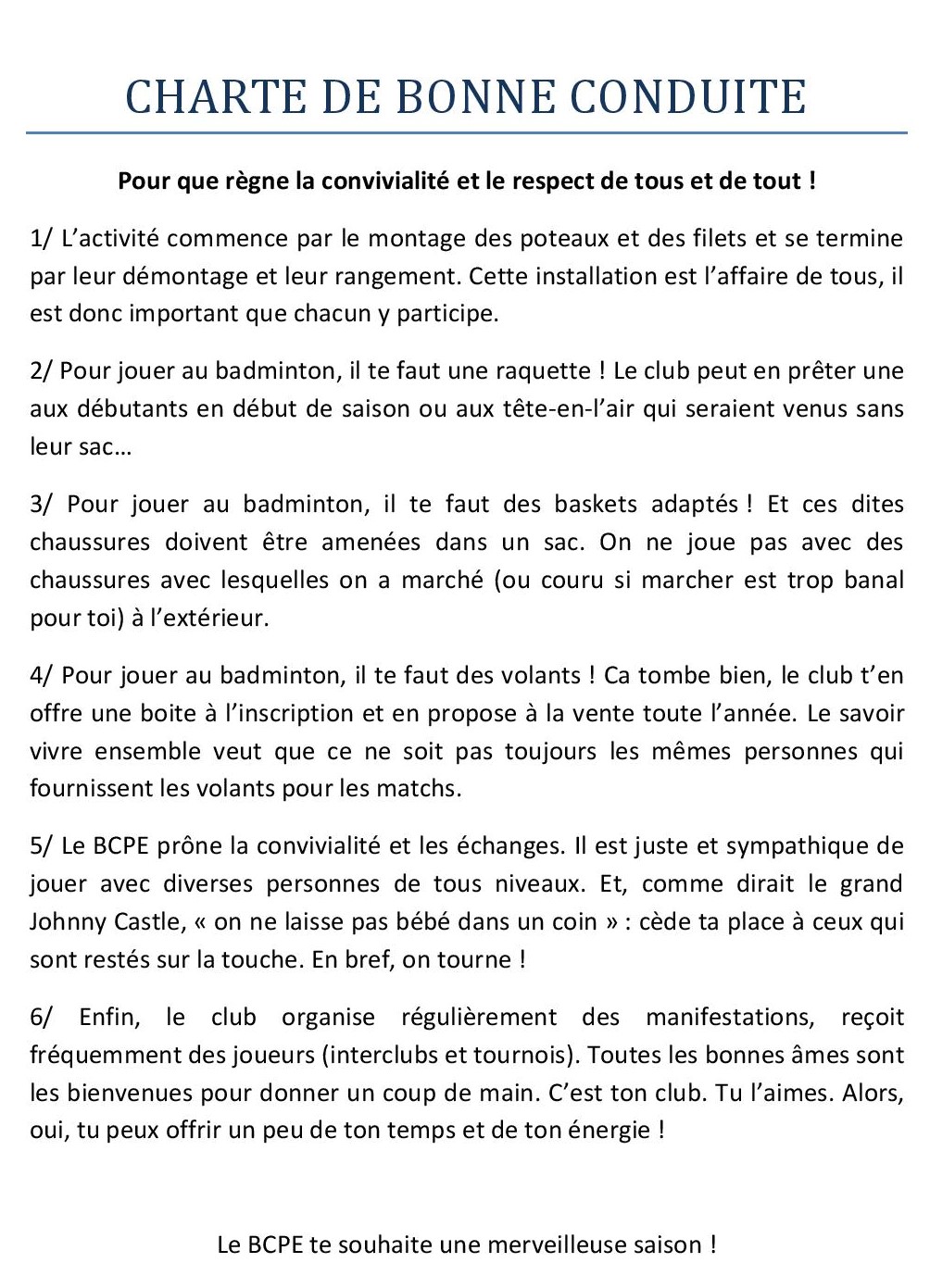 Charte du BCPE | Badminton Club Pelissannais